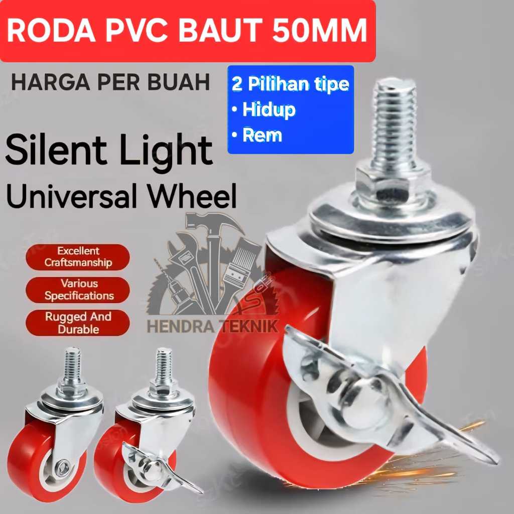 Jual RODA CASTER PVC BAUT 50MM HIDUP / REM RODA KURSI PUTAR DRAT 2 INCI ...