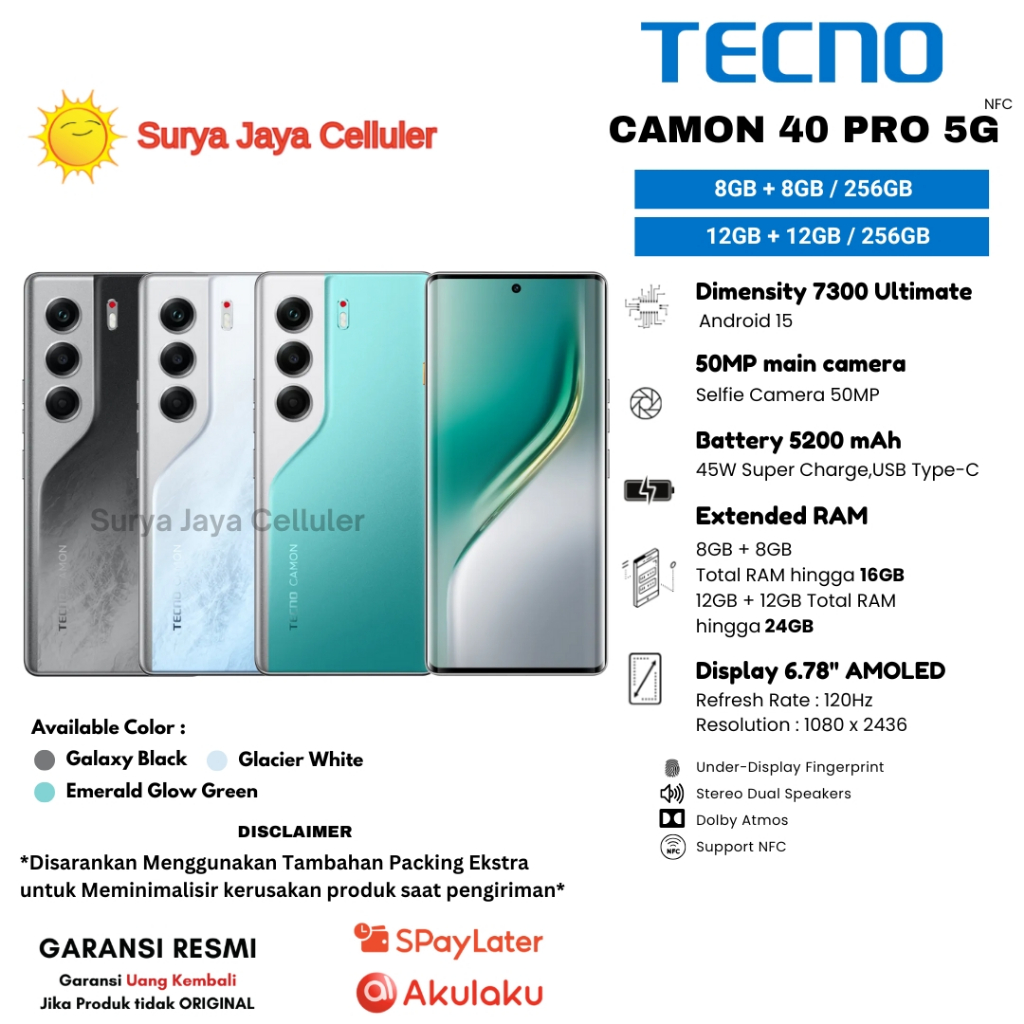 Jual HP TECNO CAMON 40 PRO 5G NFC 8/256GB (Garansi Resmi Tecno 1 Tahun) | Shopee Indonesia