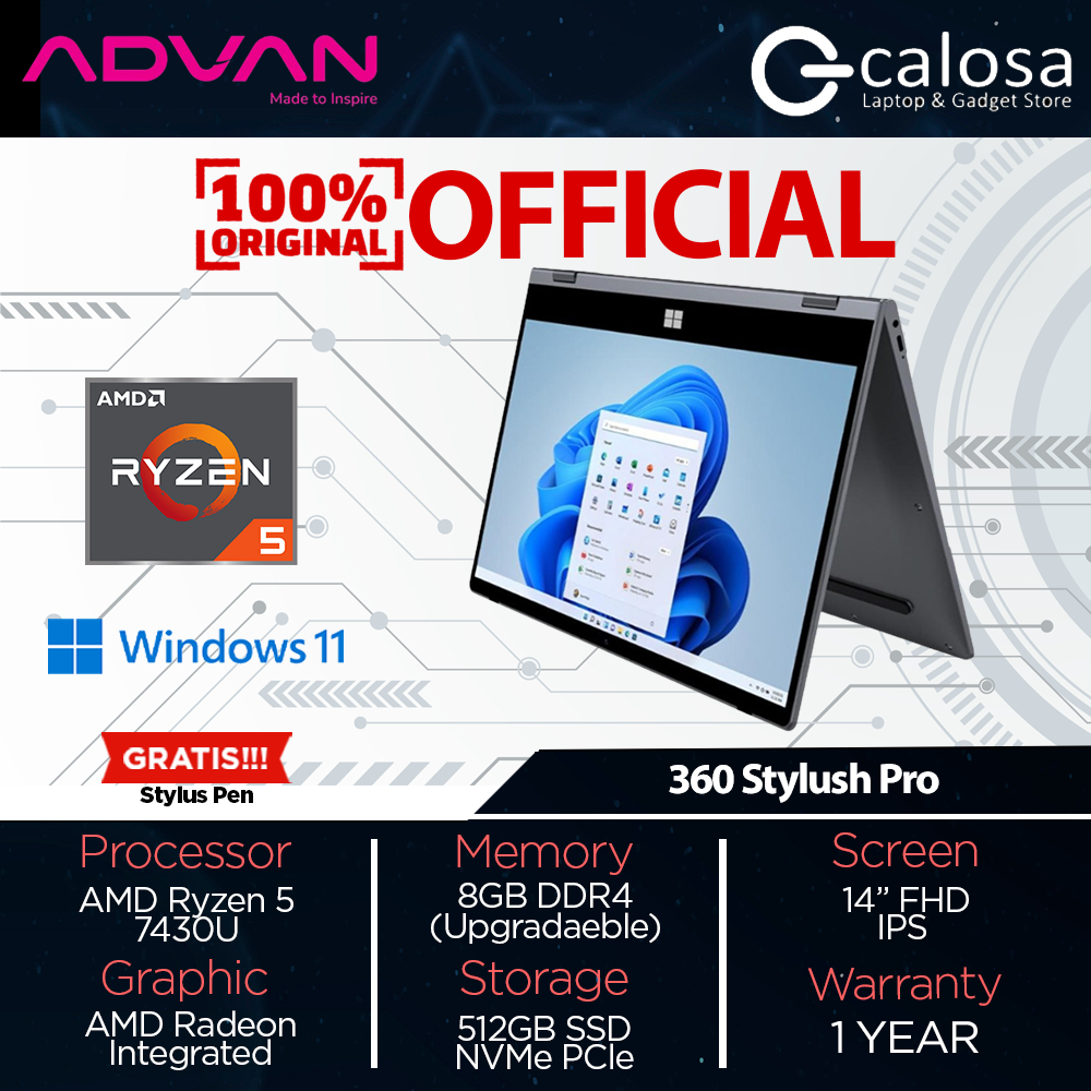 Jual Advan 360 Stylush Pro AMD Ryzen 5 7430U RAM 8GB SSD 512GB 14″ FHD ...