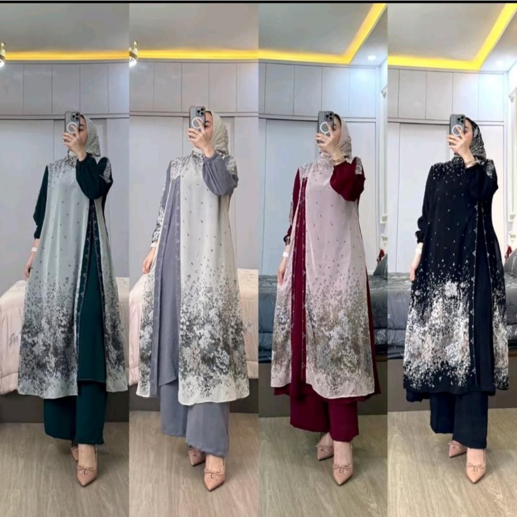 Jual . Setelan long tunik set hijab busui friedly motif bunga Kekinian ...