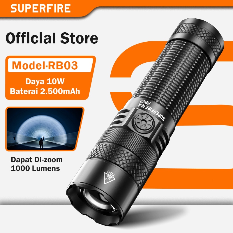 Jual Senter LED SUPERFIRE RB03 Lampu 1000 Lumens Super Terang Baterai 26650 3000mAh Isi Ulang ...