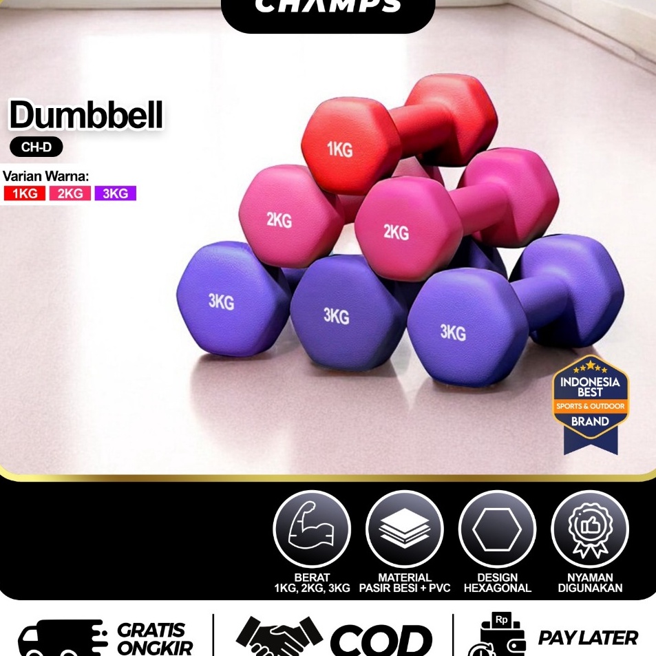 Jual CHAMPS Barbel PVC Dumbbell 12345 KG Neoprone Premium Colorfull Besi Cast iron PVC Alat ...