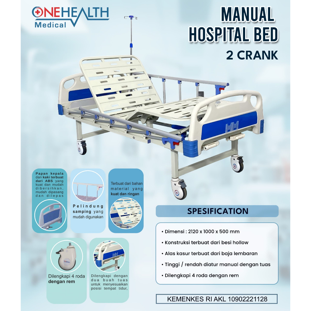Jual Onehealth GTT Hospital Bed 2 Crank + Standart infus + Matras 2 ...