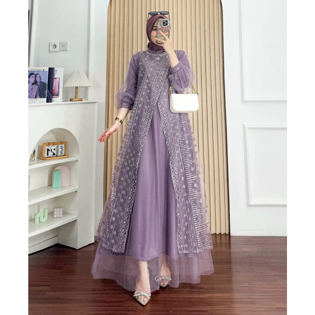 Jual NEW!!! Dress Wanita Terbaru 2025 Ceruty Mix Brukat Tille Gamis Payet Mewah Elegan Pesta ...