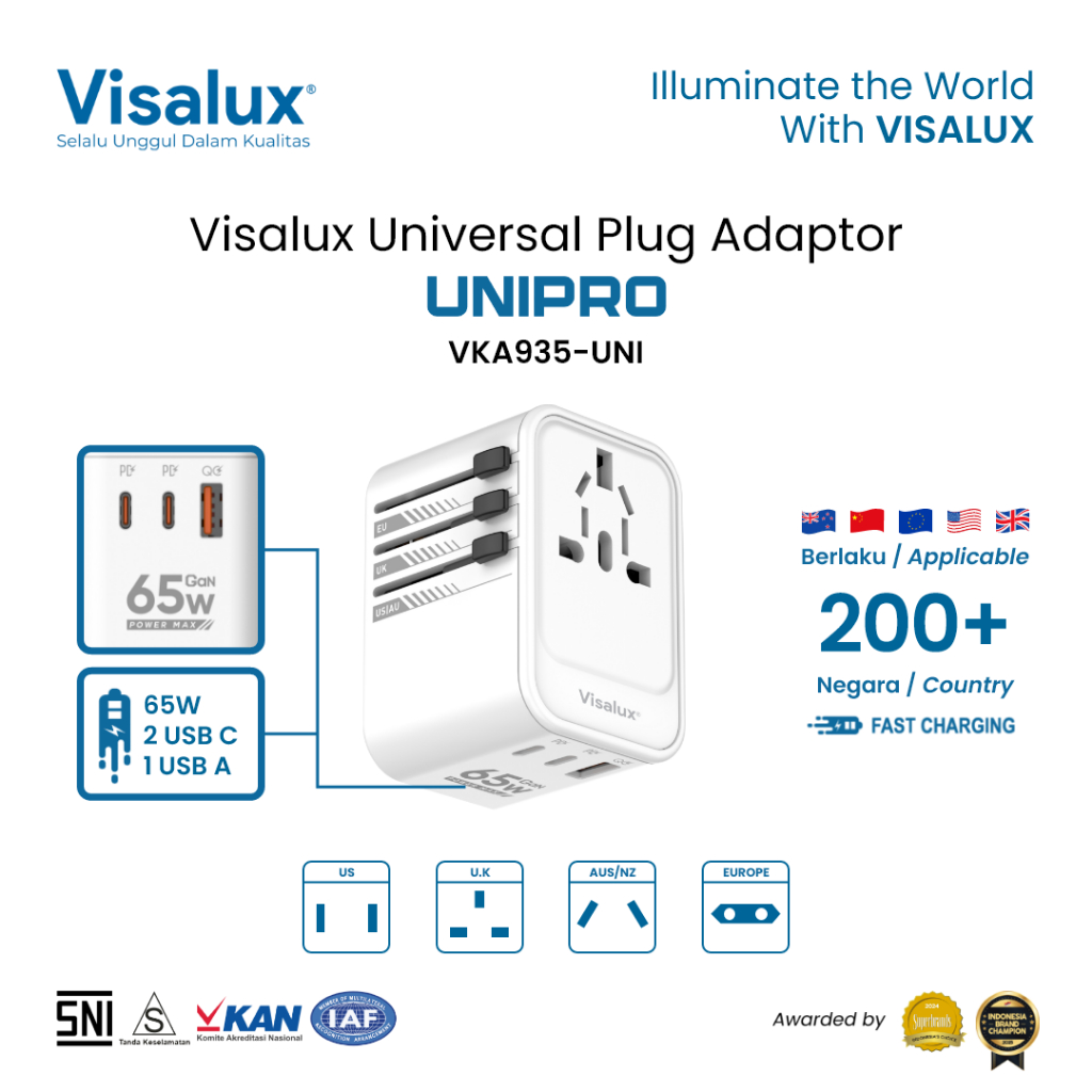 Jual Visalux Unipro Travel Adaptor Universal Plug Type C + USB Fast Charging / Steker Serbaguna ...