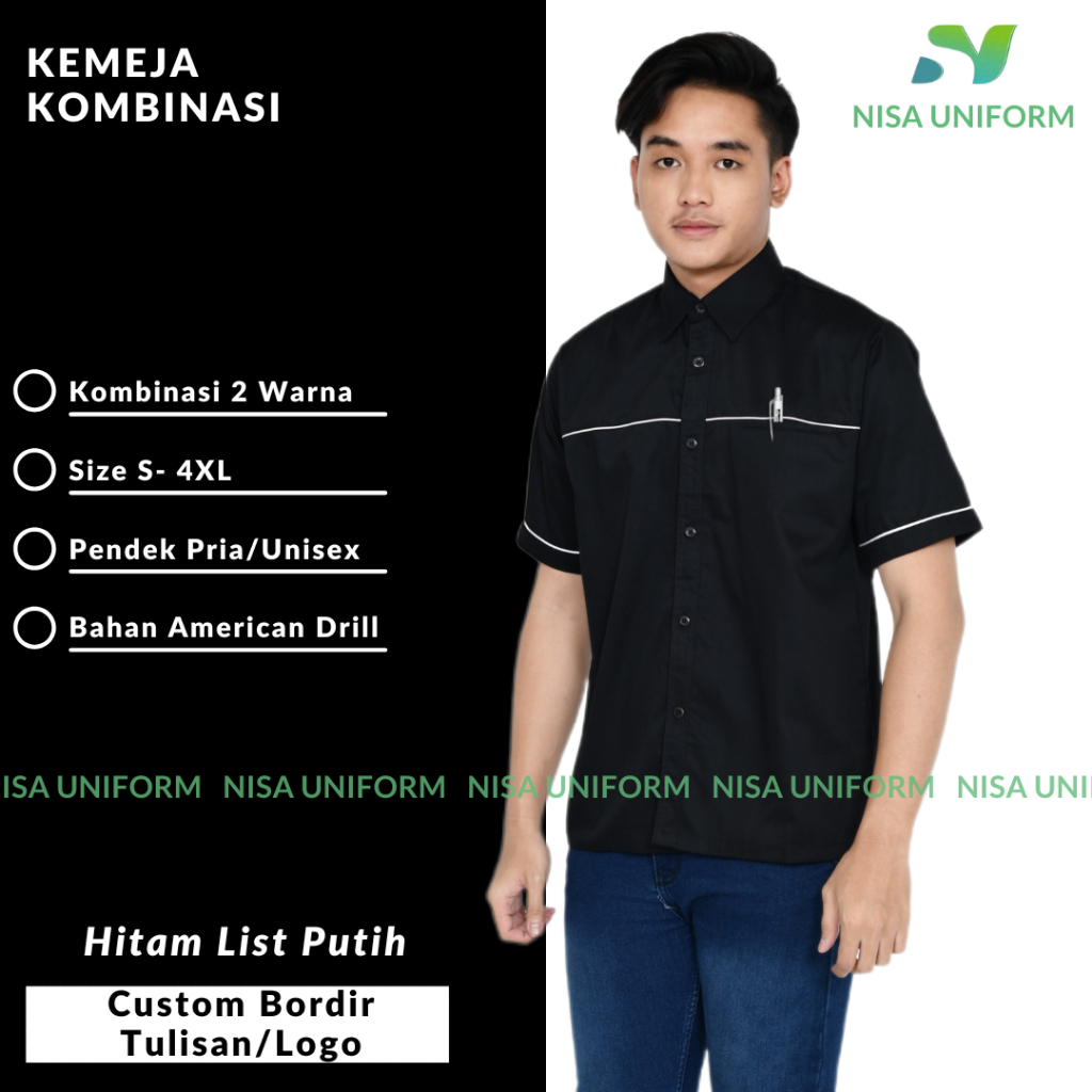 Jual Nisa Uniform Kemeja Pria Lengan Pendek Hitam List Putih Custom ...