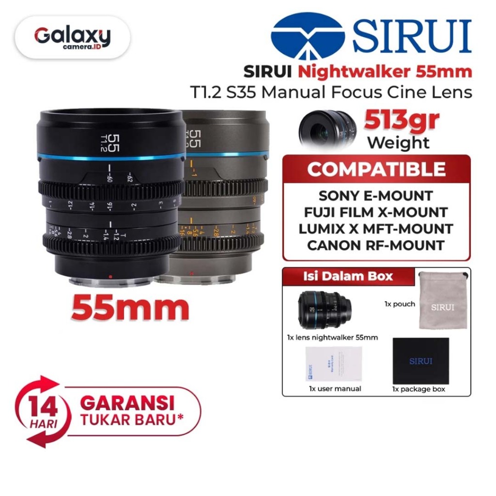 Jual Lensa SIRUI Nightwalker 55mm T1.2 S35 Manual Focus Cine Lens Resmi ...