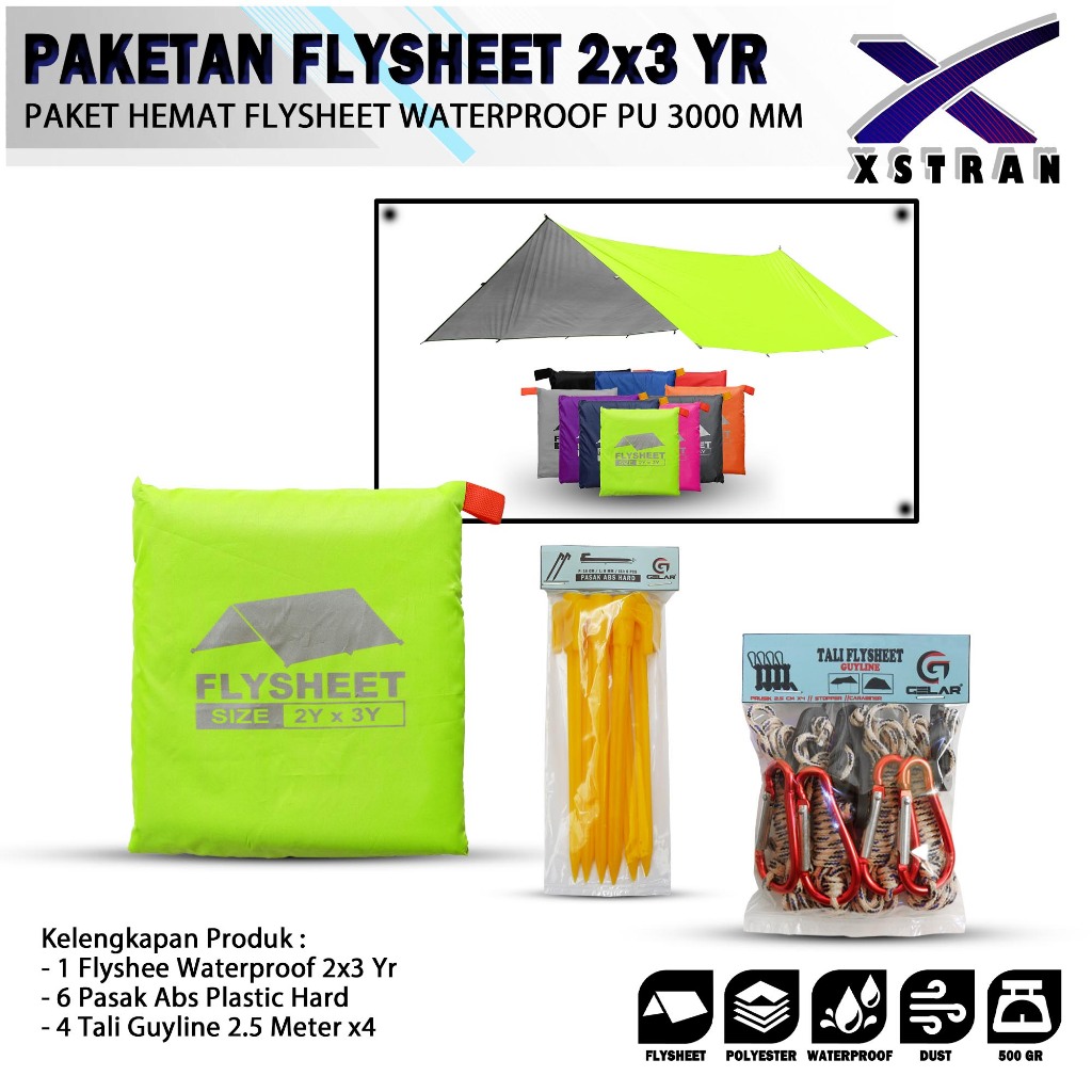 Jual paketan flysheet 2x3 yard + 6 pasak abs + 4 tali guyline flysheet waterproof atap tenda ...