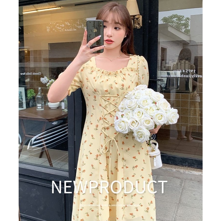 Jual Gaun Bunga Retro Prancis dengan Lengan Puff Bertali Serut dress ...