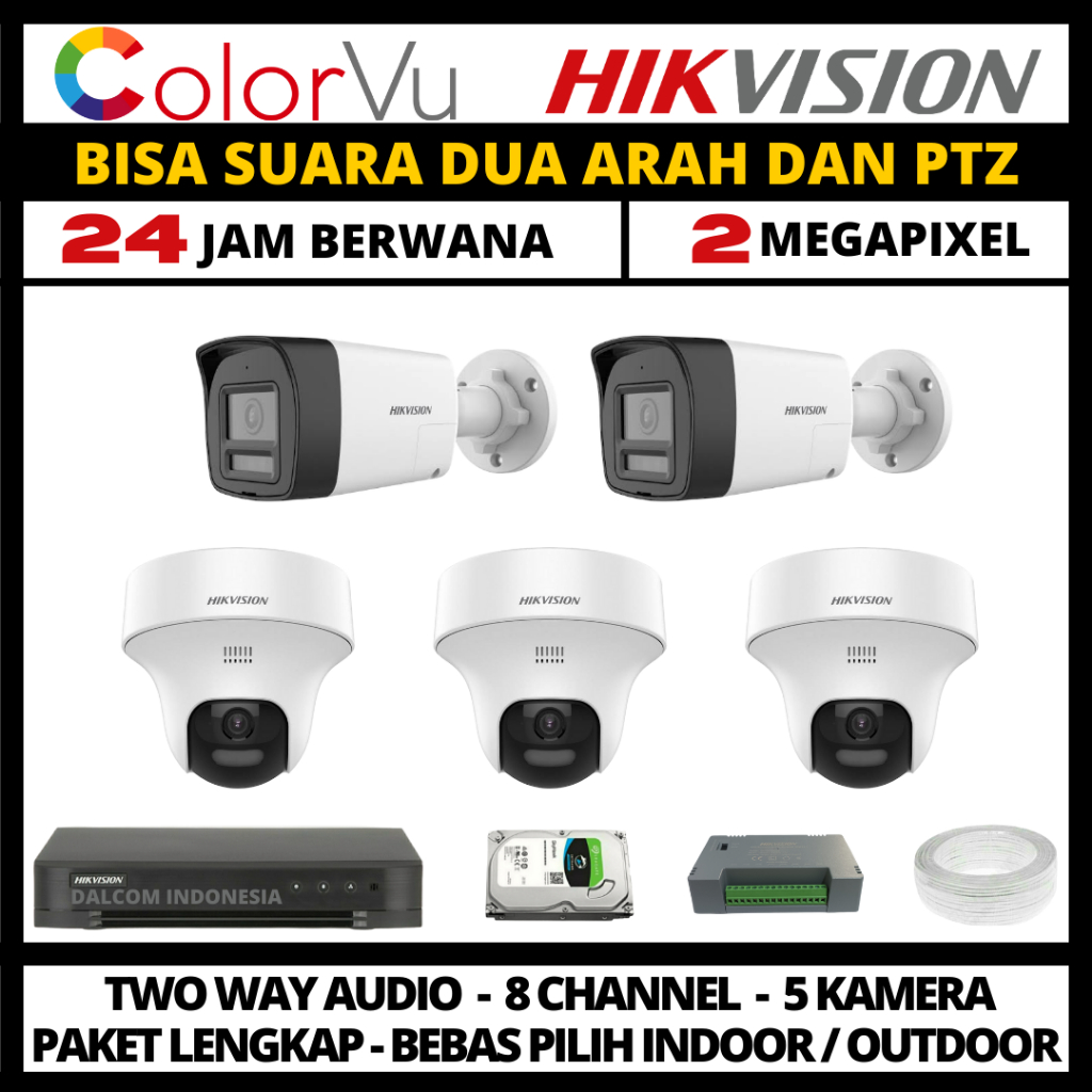 Jual PAKET CCTV HIKVISION COLORVU 2MP 8 CHANNEL 5 CAMERA PTZ TWO WAY ...