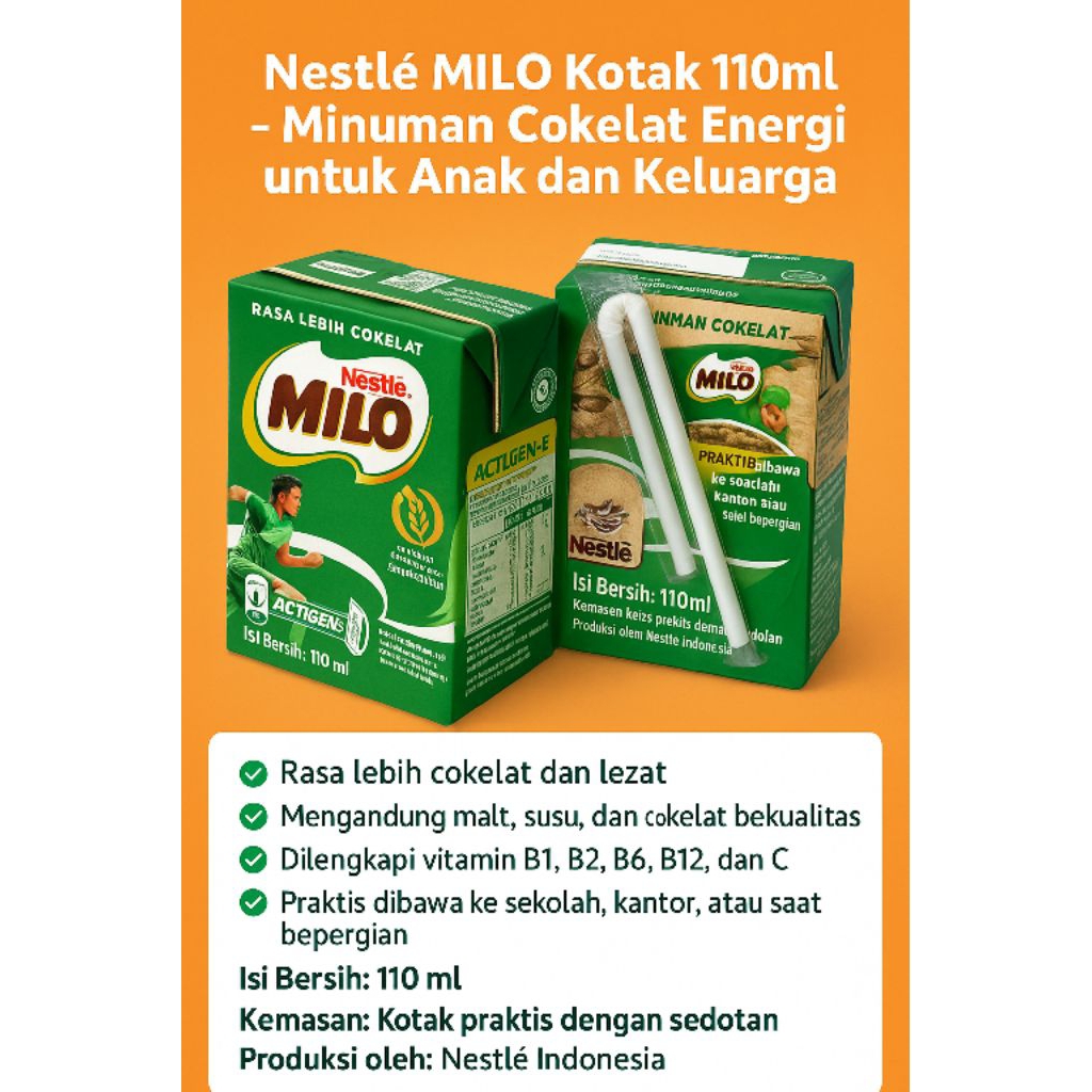 Jual Susu Milo kotak, Nestle Milo, Susu UHT Cokelat, Minuman Milo coklat energi 110 ml | Shopee ...