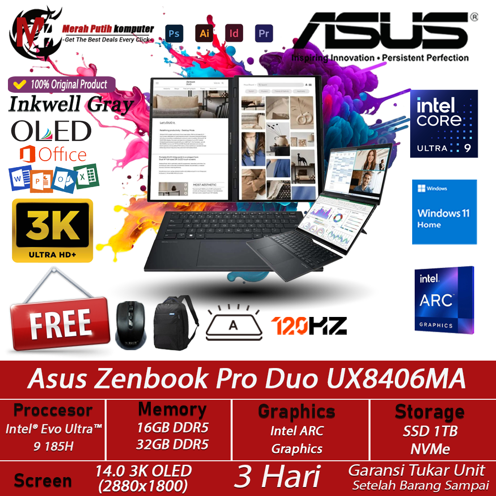 Jual ASUS ZENBOOK PRO DUO UX8406MA ULTRA I9 185H 32GB DDR5 1TB DUAL 14. ...
