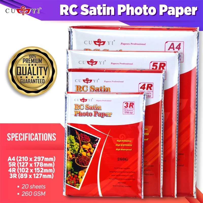 Jual Kertas Foto Satin CUYI RC 3R | 4R | 5R | Ukuran A4 260gsm/200gsm (20 lembar) | Shopee Indonesia