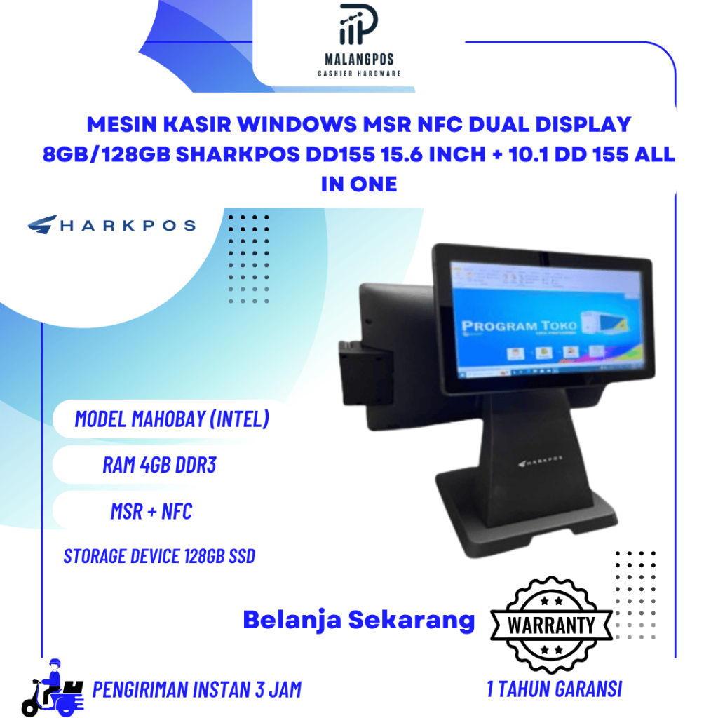 Jual Mesin Kasir Windows MSR NFC Dual Display 8GB/128GB Sharkpos DD155 ...