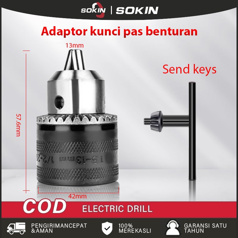 Jual SOKIN Kepala Bor 13MM Drill Chuck 3/8" Chuck besi Kepala Chuck ...