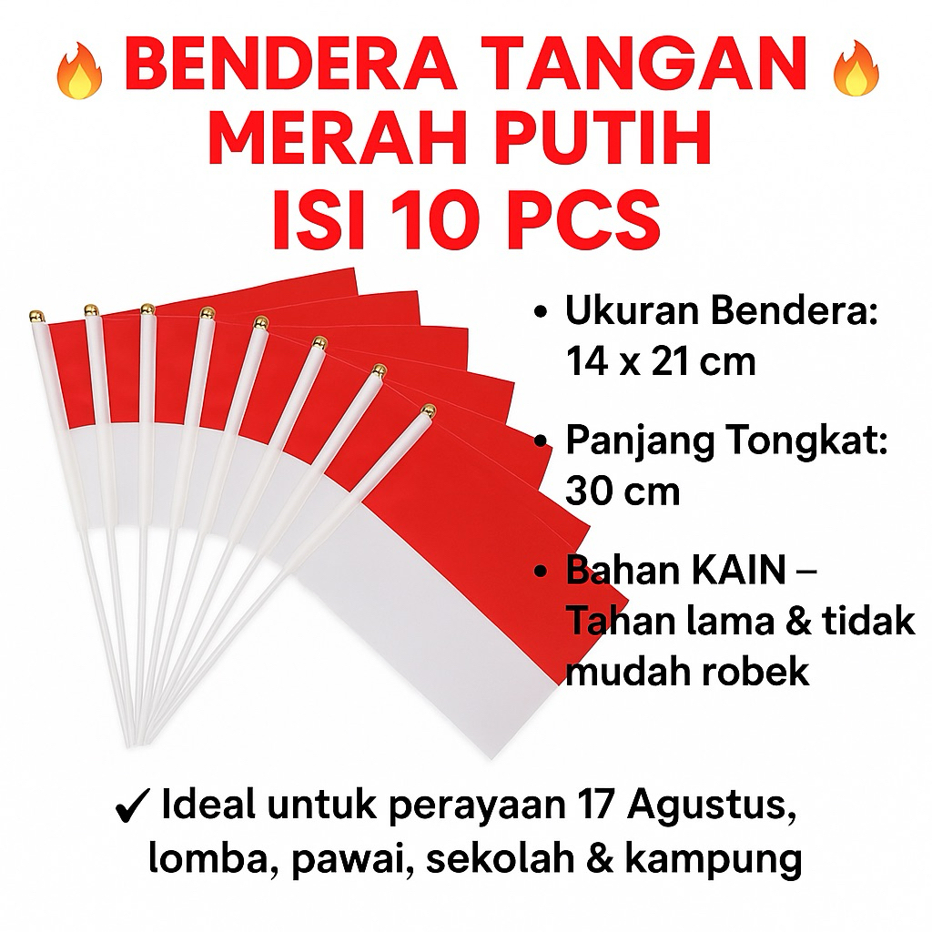 Jual Grosir termurah 10 PCS Bendera Tangan Merah Putih ukuran 21 x 14 ...
