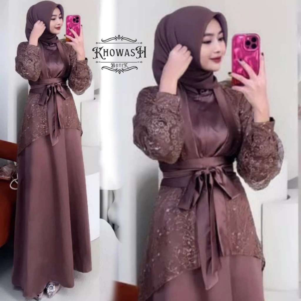 Jual Veloxa Gamis Satin Brokat Coklat Mahogany Dress Lebaran Inner ...