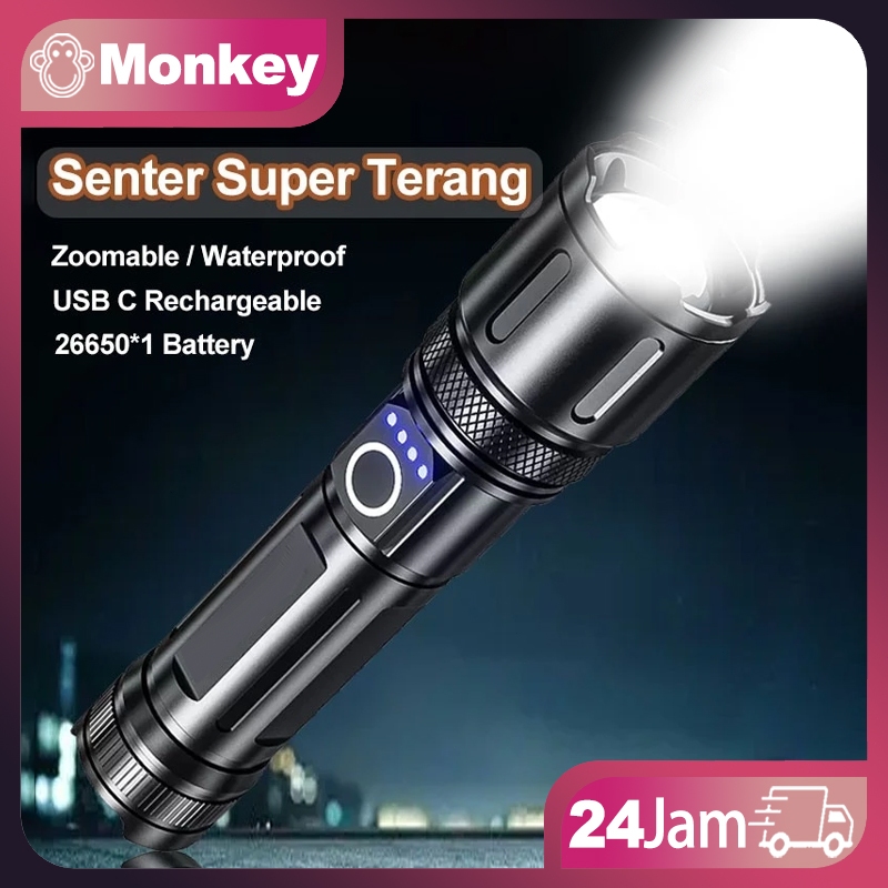 Jual Senter LED Super Terang Jarak Jauh 90000 Lumens Anti Air Senter LED Rechargeable Zoom ...