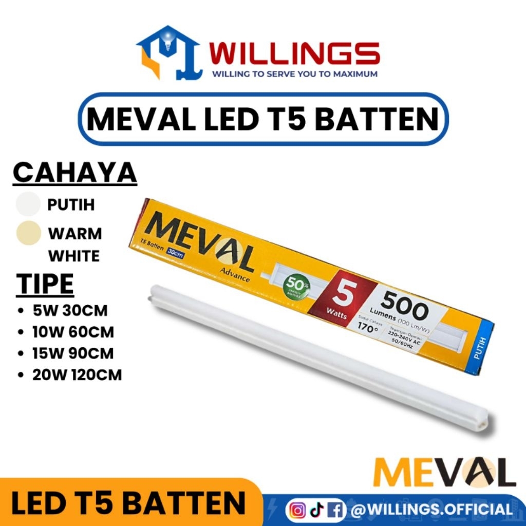 Jual WILLINGS - MEVAL LAMPU LED T5 BATTEN CAHAYA PUTIH 5W / 10W / 15W / 20W | Shopee Indonesia