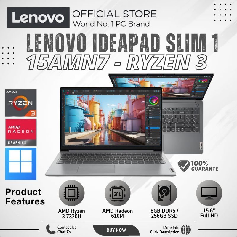 Jual Laptop Gaming Baru Lenovo Ideapad Slim 1 AMD Ryzen 3 7320U 8GB Ssd 256GB 15.6" FHD Grey ...