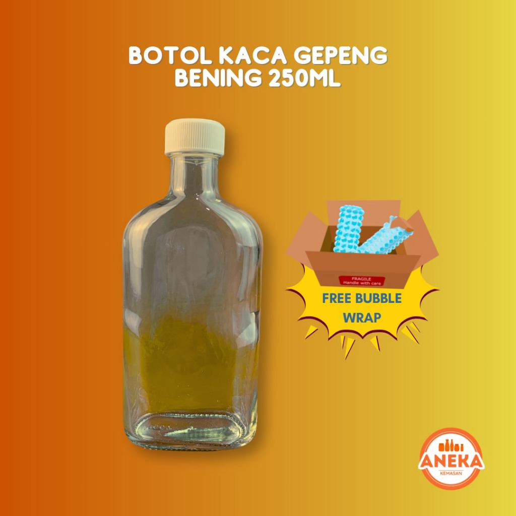 Jual BOTOL KACA GEPENG BENING 250ML KONDISI BARU FREE BUBBLE | Shopee ...