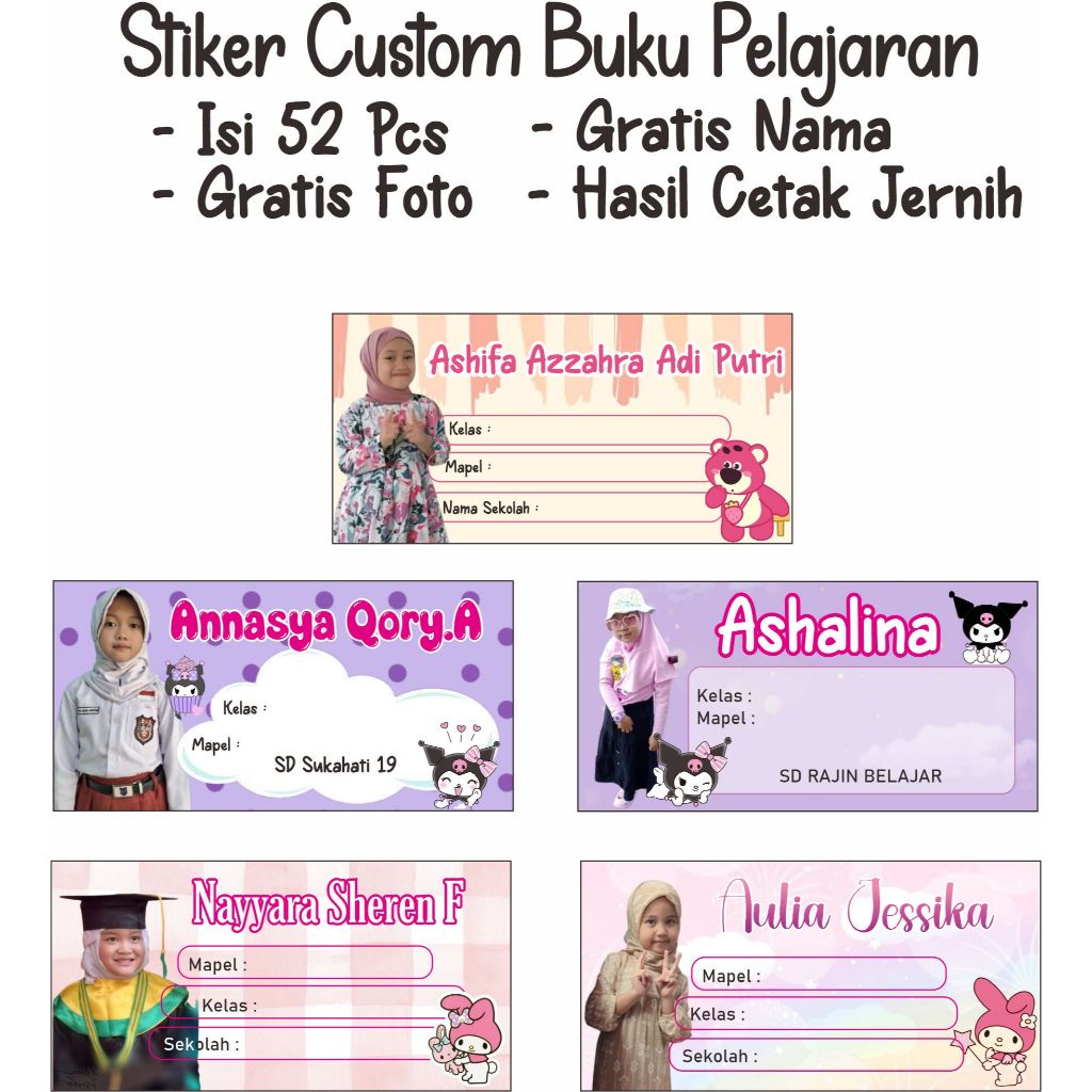 Jual (52 biji) Stiker Buku Sekolah Custom Foto dan Nama Sendiri Stiker ...