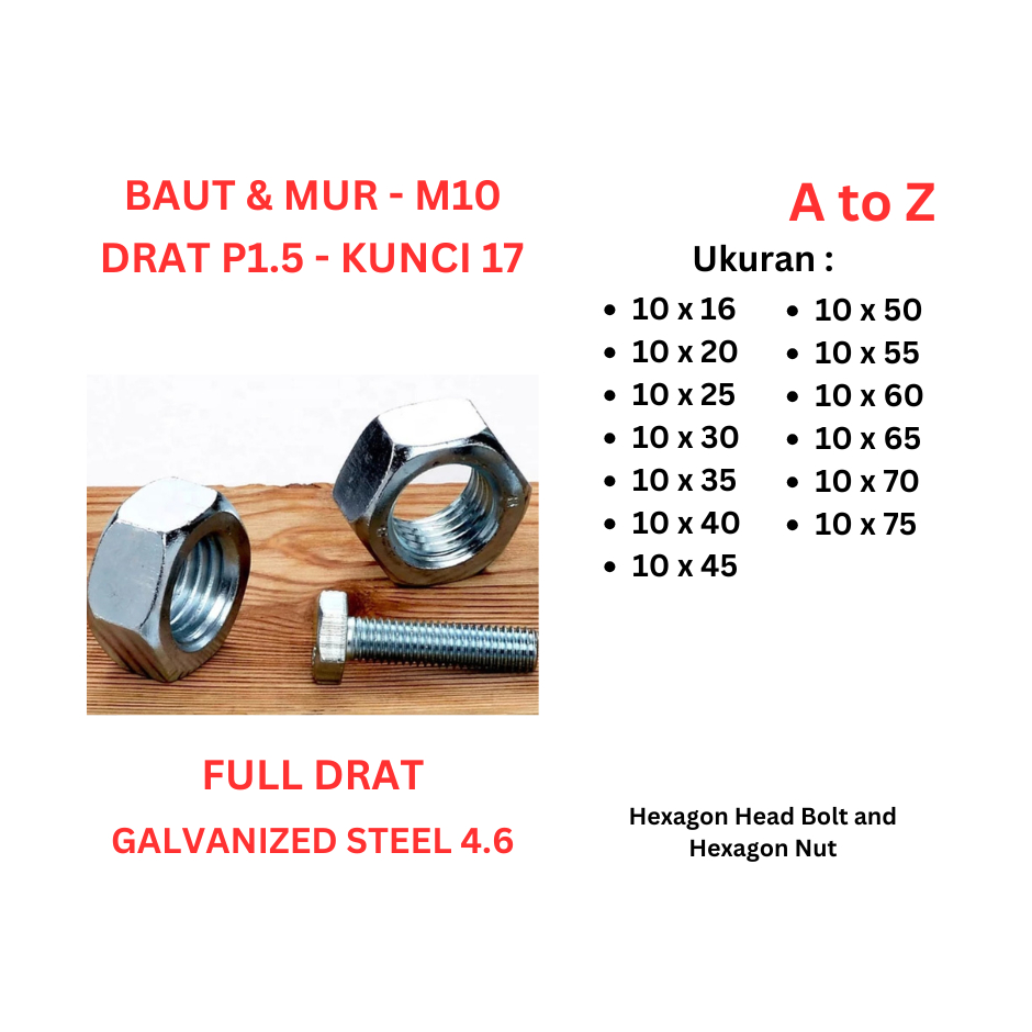 Jual Baut Mur Putih - M10 x 16 / 20 / 25 / 30 / 35 / 40 / 45 / 50 / 55 ...