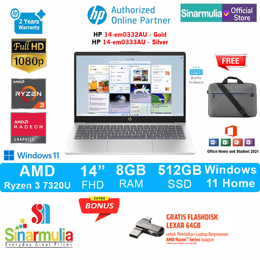 Jual HP 14-em0332AU/em0333AU Ryzen 3 7320U 512GB SSD 8GB FHD Win11+OHS ...