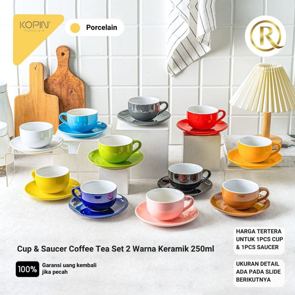 Jual Cup & Saucer Coffee Tea Set 2 Warna Porcelain Keramik 250ml Kopin ...