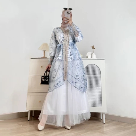 Jual Gamis Biru Motif Bunga Oneset Rayya Model Outer Brokat Rok Tutu ...