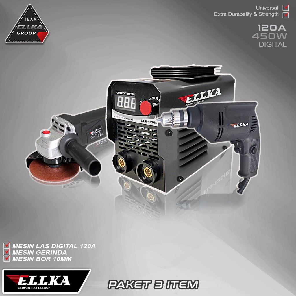 Jual REAL GRATIS ONGKIR!! paket Mesin Las Inverter MMA 120A IGBT 450 watt merk ELLKA + GERINDA 4 ...