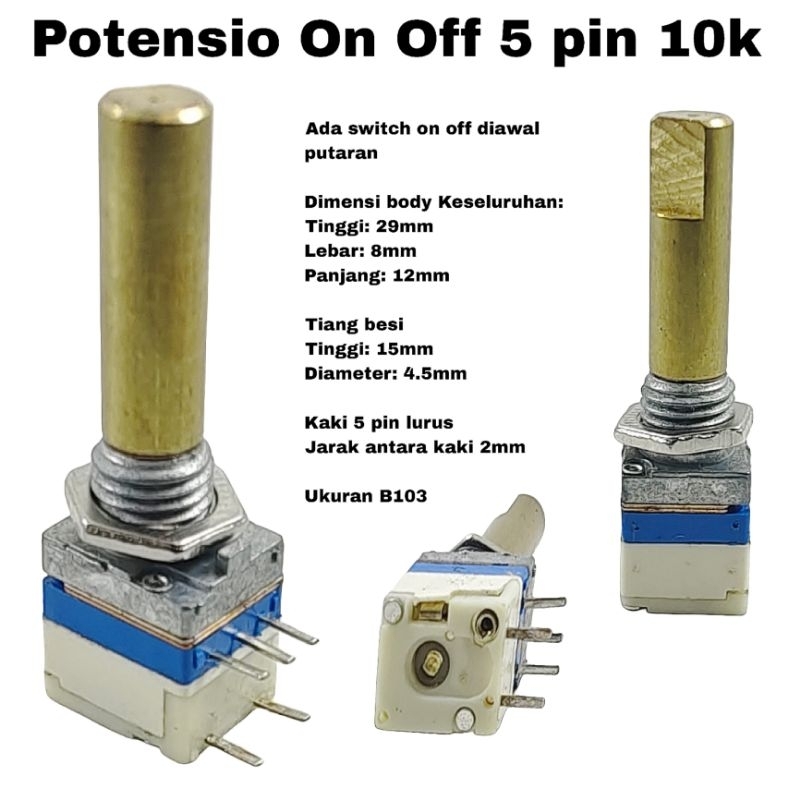 Jual Potensio On Off 5 pin 10k Drat Kaki 3-2 Lurus 103 HT Tangkai ...