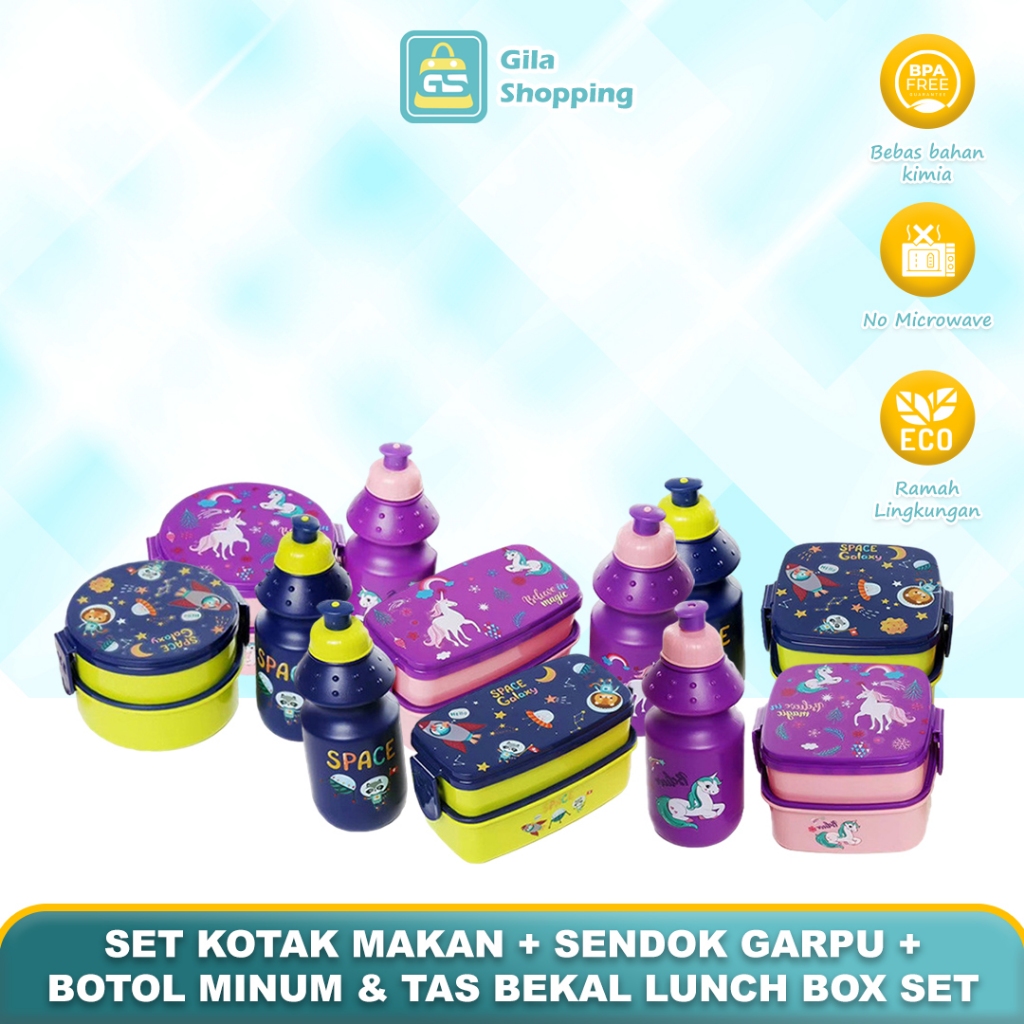 Jual Set Kotak Makan + Sendok Garpu + Botol Minum & Tas Bekal Lunch Box Set | Shopee Indonesia