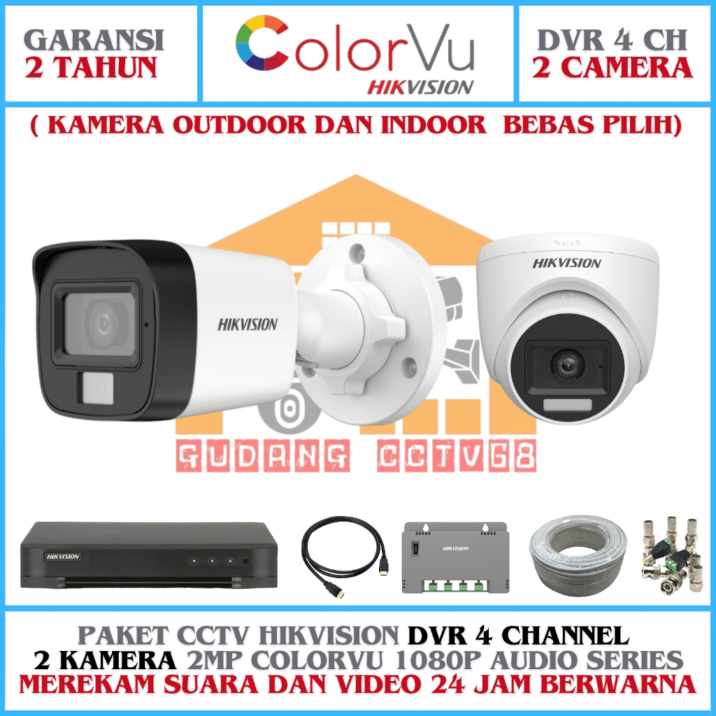 Jual PAKET CCTV FULL COLOUR 4 CHANNEL 2 KAMERA HIKVISION 2MP COLORVU ...
