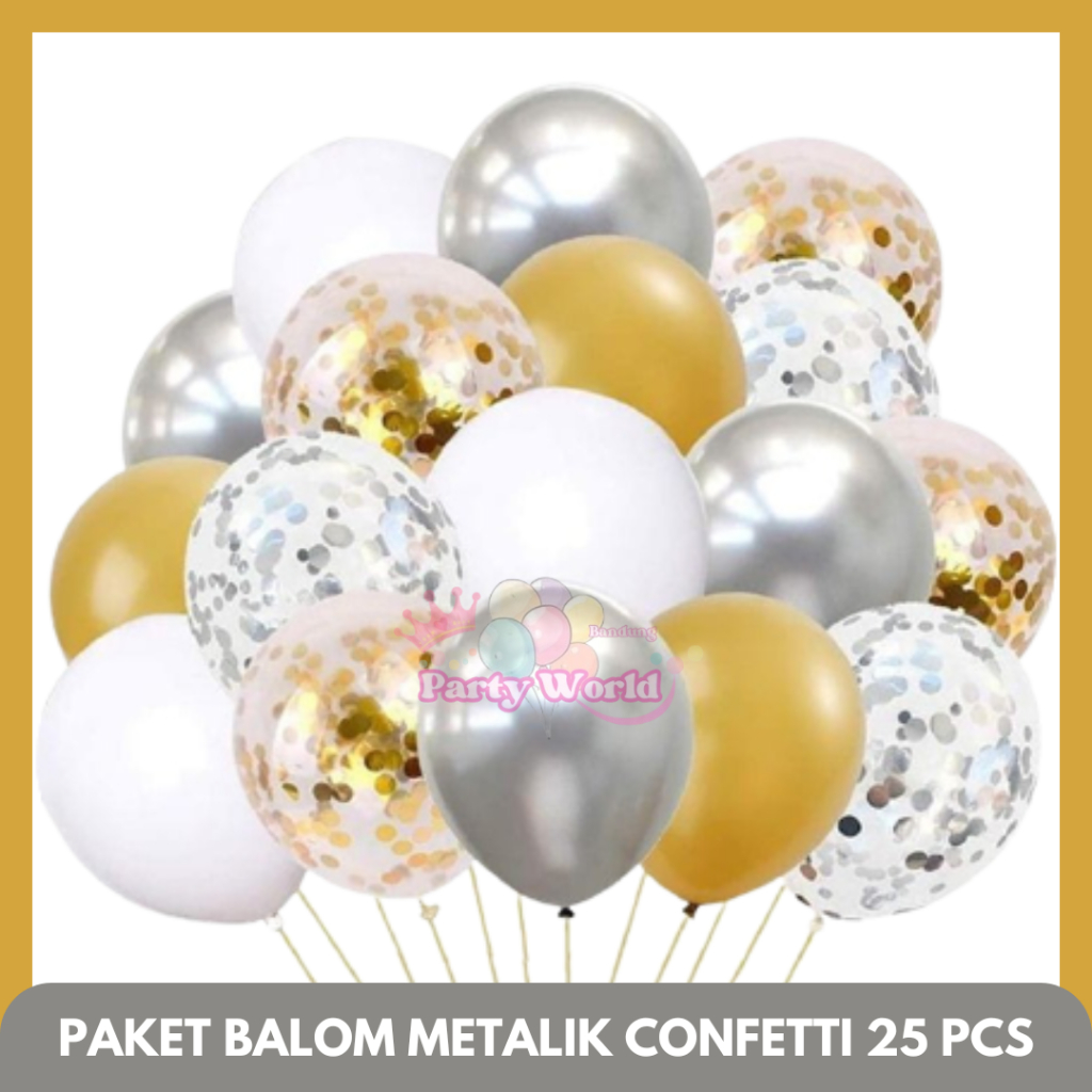 Jual Paket Balon Latex Metalik Confetti 25 pcs Silver Gold White ...