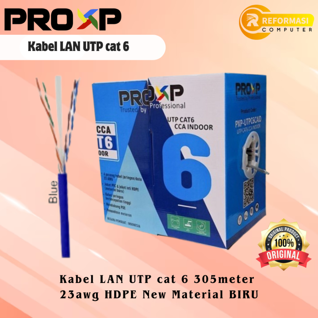 Jual Kabel LAN UTP cat 6 305meter Proxp 23awg HDPE New Material - BIRU ...