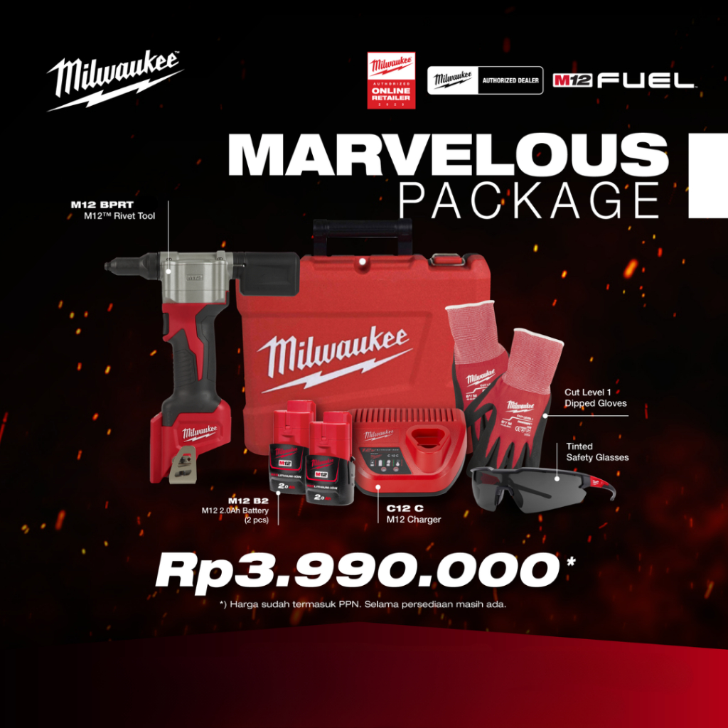 Jual Mesin Rivet Milwaukee M12 BPRT-202C Marvelous Package Cordless ...