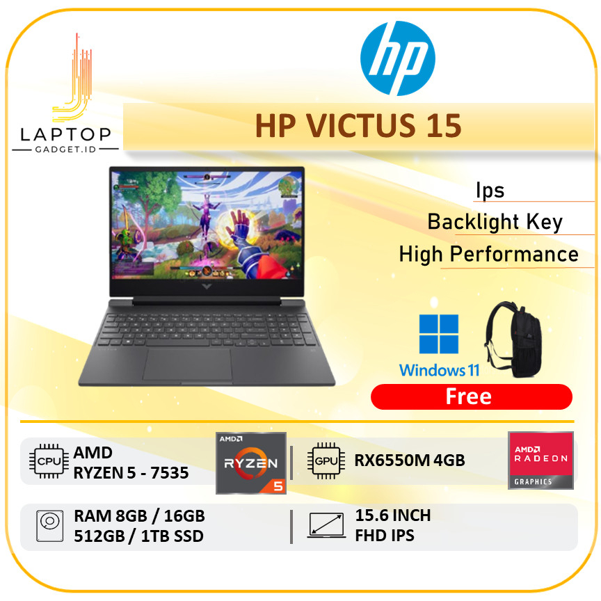 Jual Laptop Gaming Hp Victus 15 RX6550M 4GB Ryzen 5 7535 16GB 1TB W11 ...