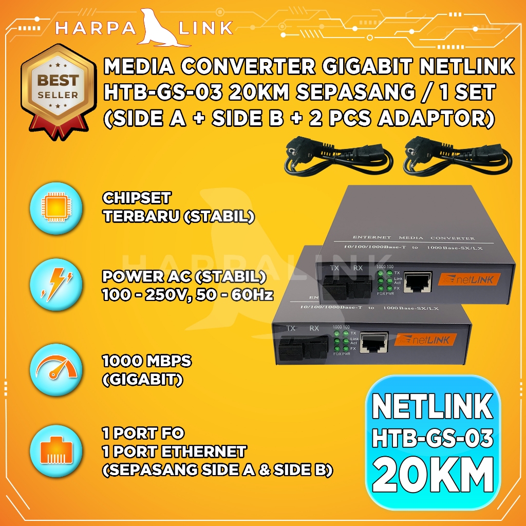 Jual HTB-GS-03 Gigabit Netlink HTB GS 03 Sepasang A+B 20KM / Fiber Optic Media Converter HTB-GS ...