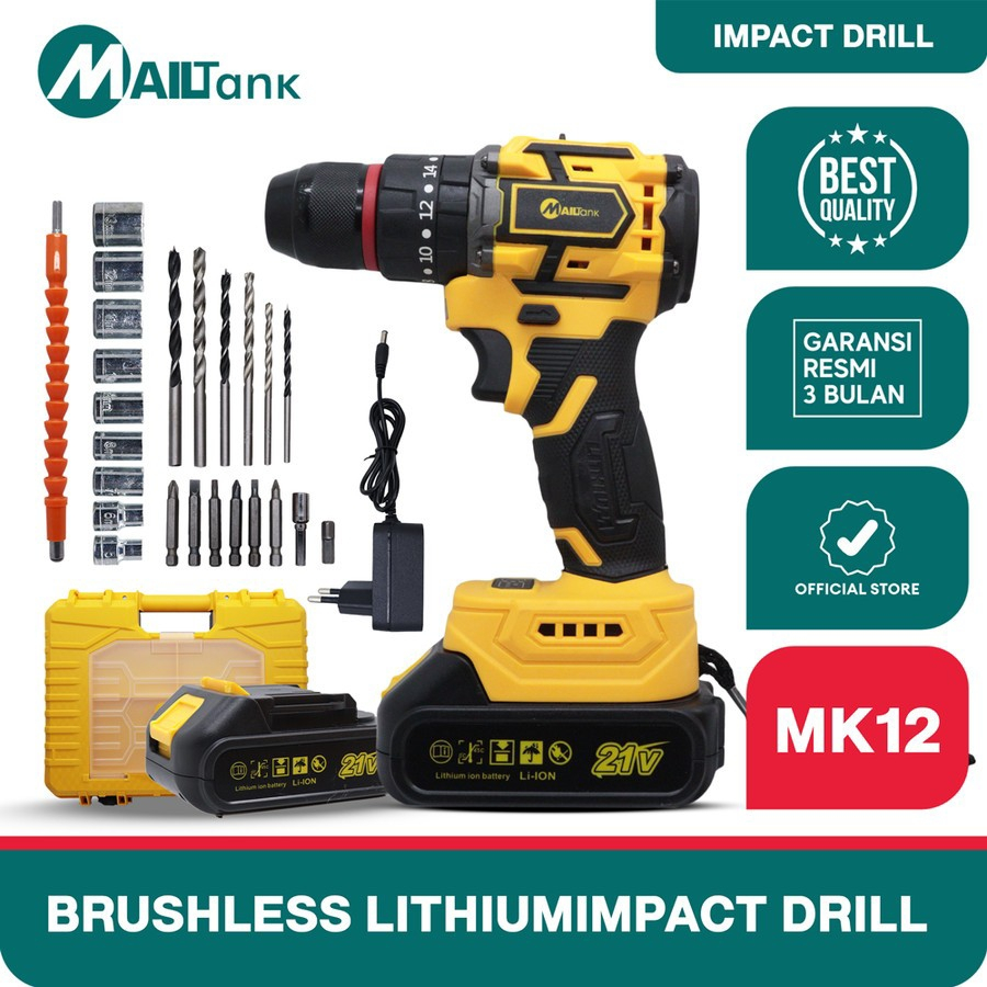 Jual MAILTANK MK12 - 10MM MESIN BOR CORDLESS IMPACT 2 BATERAI BRUSHLESS 21V VARIABLE - MESIN BOR ...
