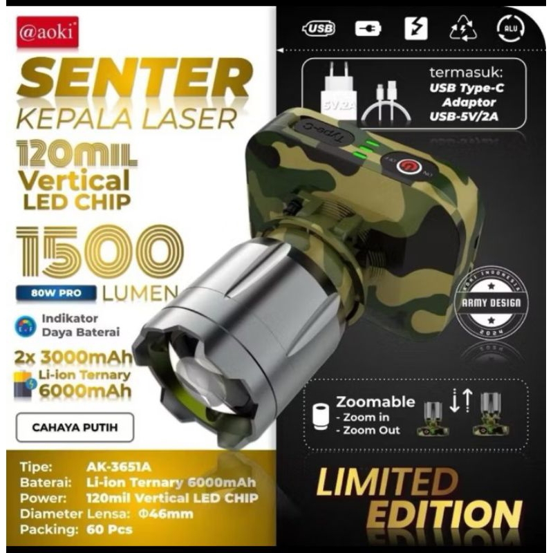 Jual Senter Kepala LED Zoom Laser 80 Watt 1300 Lumen Aoki AK-3695A/AK-3596K Pro Cahaya Putih ...
