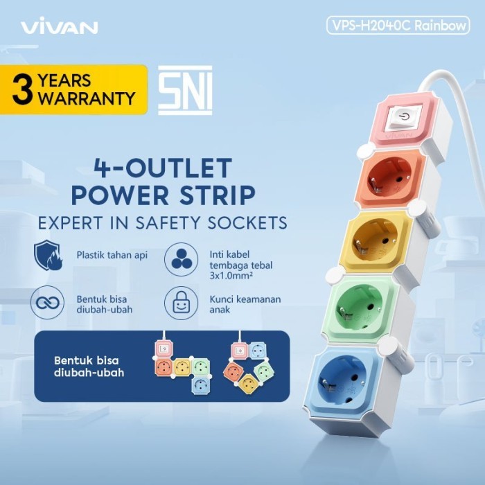 Jual Vivan VPS-H2040C Safety Socket Colorful Rainbow Socket 4AC Port 3M ...
