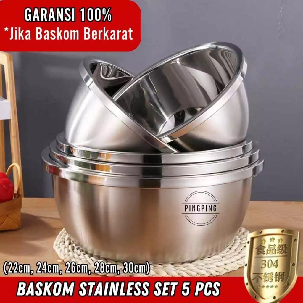 Jual Baskom Set Stainless Tebal 5IN1 Wadah Cuci Beras Buah Sayur / Set Baskom Mangkuk Premium ...