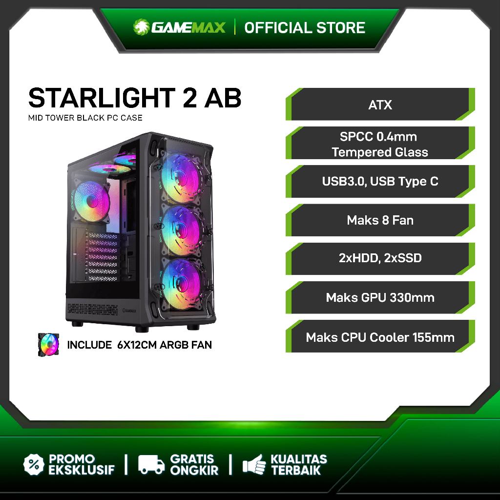 Jual Gamemax Starlight 2 AB Mid Tower PC ATX case - Black | Shopee Indonesia