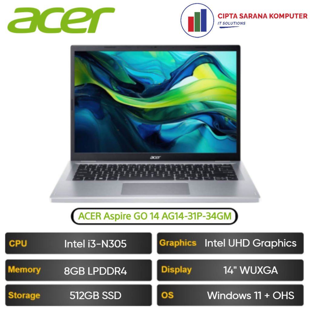 Jual ACER Aspire Go 14 AG14-31P-34GM Intel Core i3-N305 8GB 512GB SSD ...
