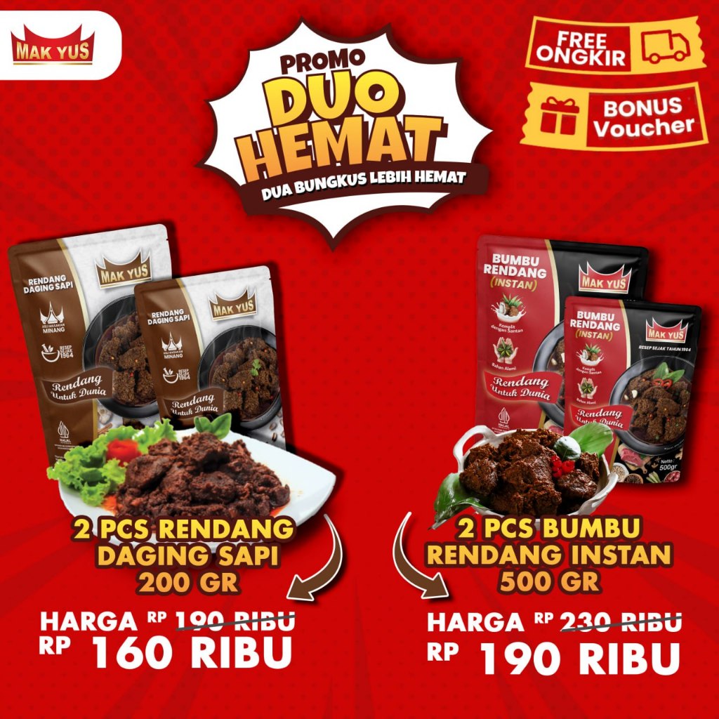 Jual Paket HEMAT DUO Mak Yus 2pcs rendang daging sapi/2pcs bumbu ...