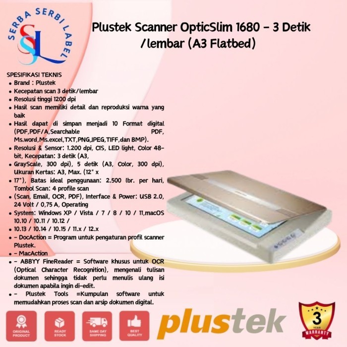 Jual Plustek Scanner OpticSlim 1680 - 3 Detik /lembar (A3 Flatbed ...