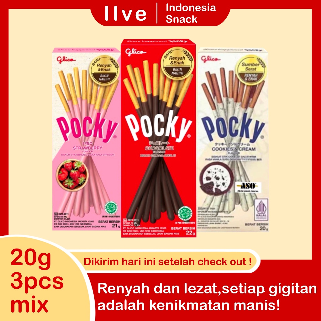 Jual Biskuit Glico Pocky 3 pack 20g Rasa Coklat/Stroberi/Cookies&Cream ...