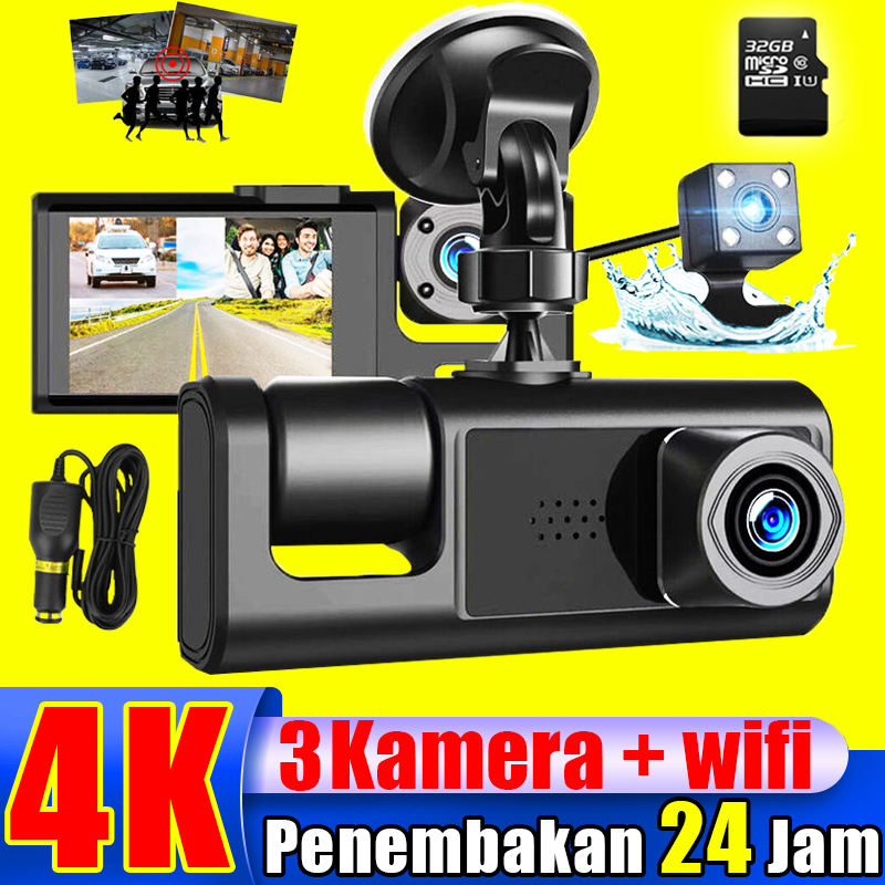 Jual [Jaminan Kualitas] 3 lens dashcam mobil WIFI 128G/64G/32G/16G HD 4K dashcam Kamera Dash ...