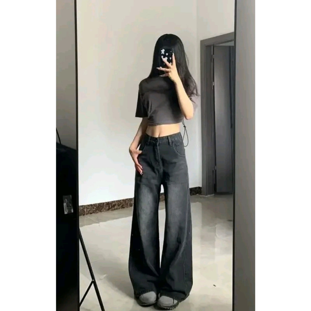 Jual Celana Baggy Jeans Wanita Retro Hitam Loose Korea Style Gombrong ...